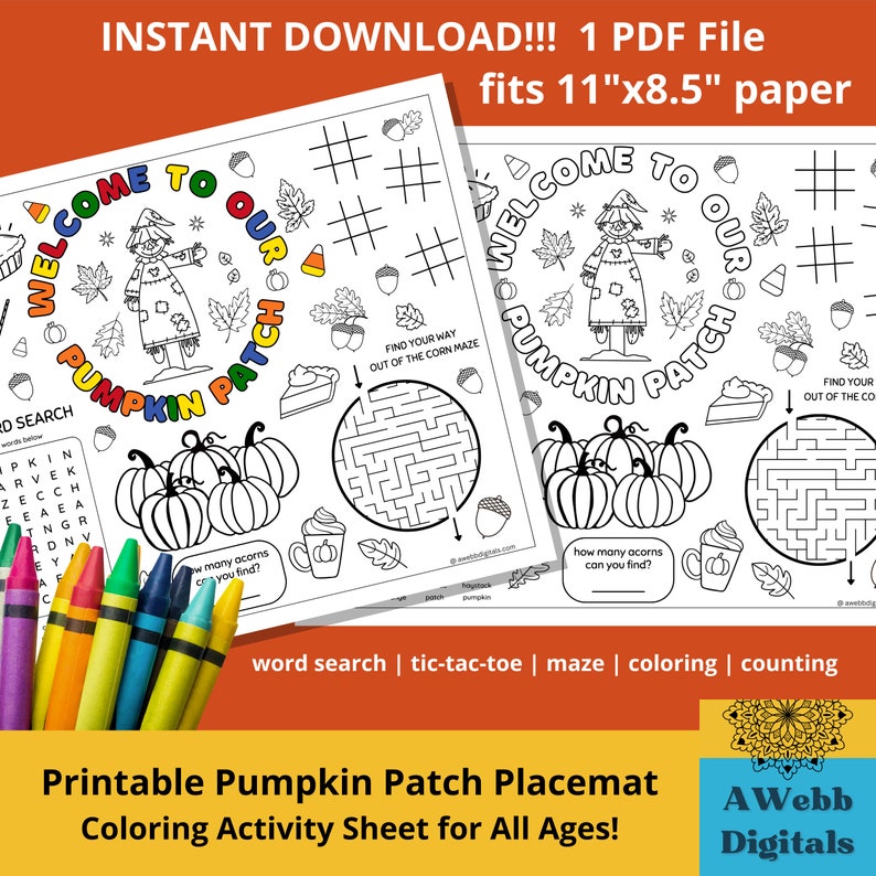 Autumn Pumpkin Patch Printable Coloring Placemat With Activities Fall ...