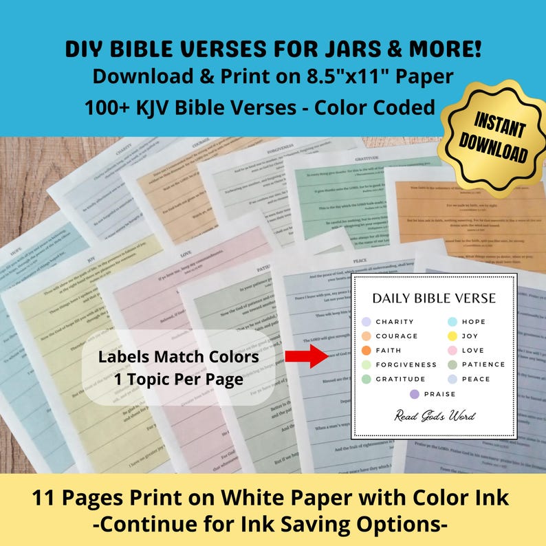Printable DIY Bible Verses in a Jar 11 Topics 100+ KJV Scriptures Color ...