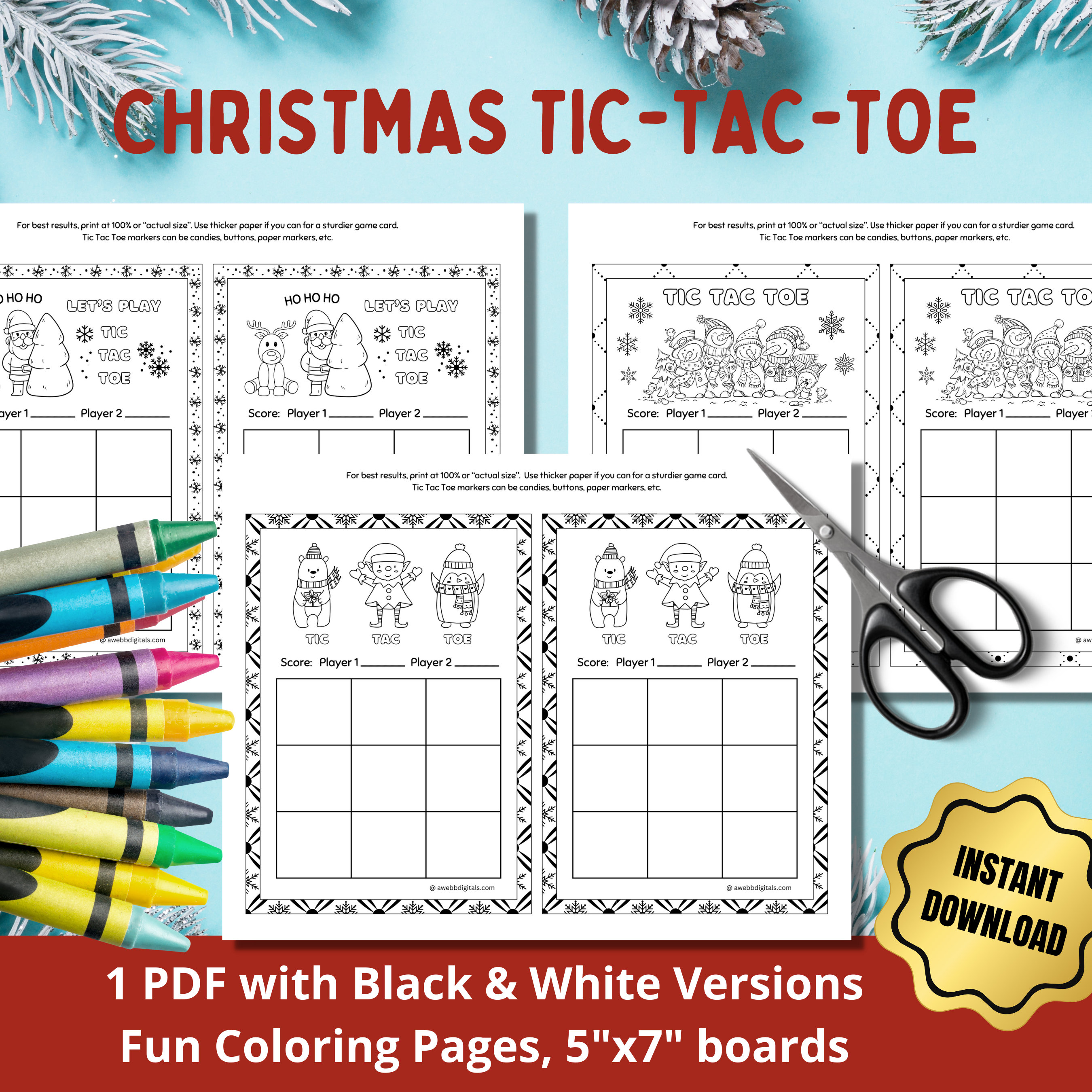 Christmas Tic Tac Toe Printable 5x7 Cards 3 Festive Holiday Designs in ...
