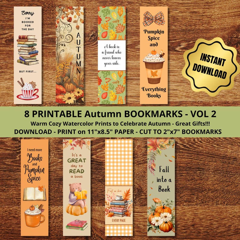 Printable Autumn Bookmarks VOLUME 2 Set of 8 Fall-themed Watercolor ...