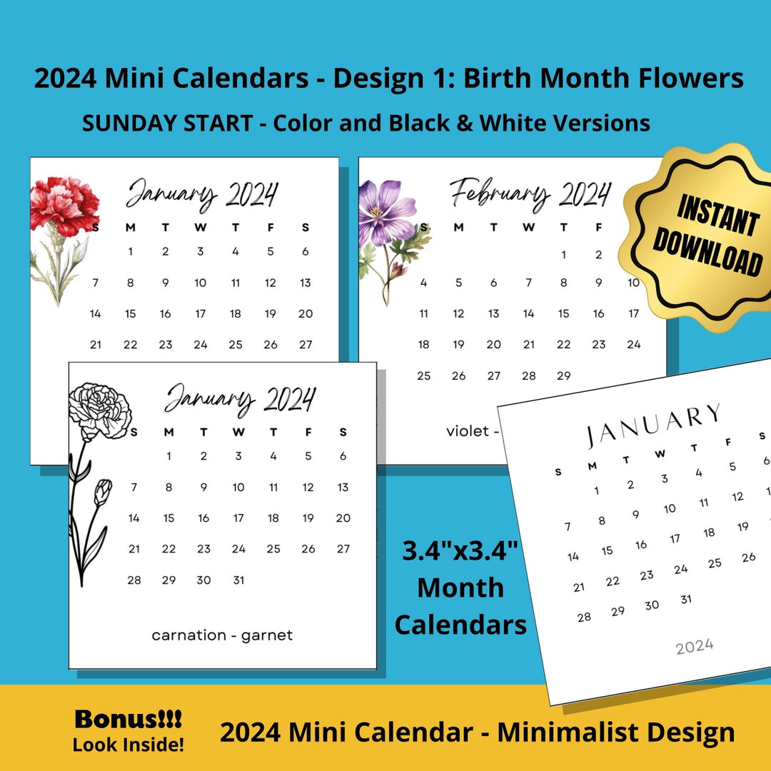2024 Printable Mini Calendar Cards Sunday Start Birth Month Flowers ...