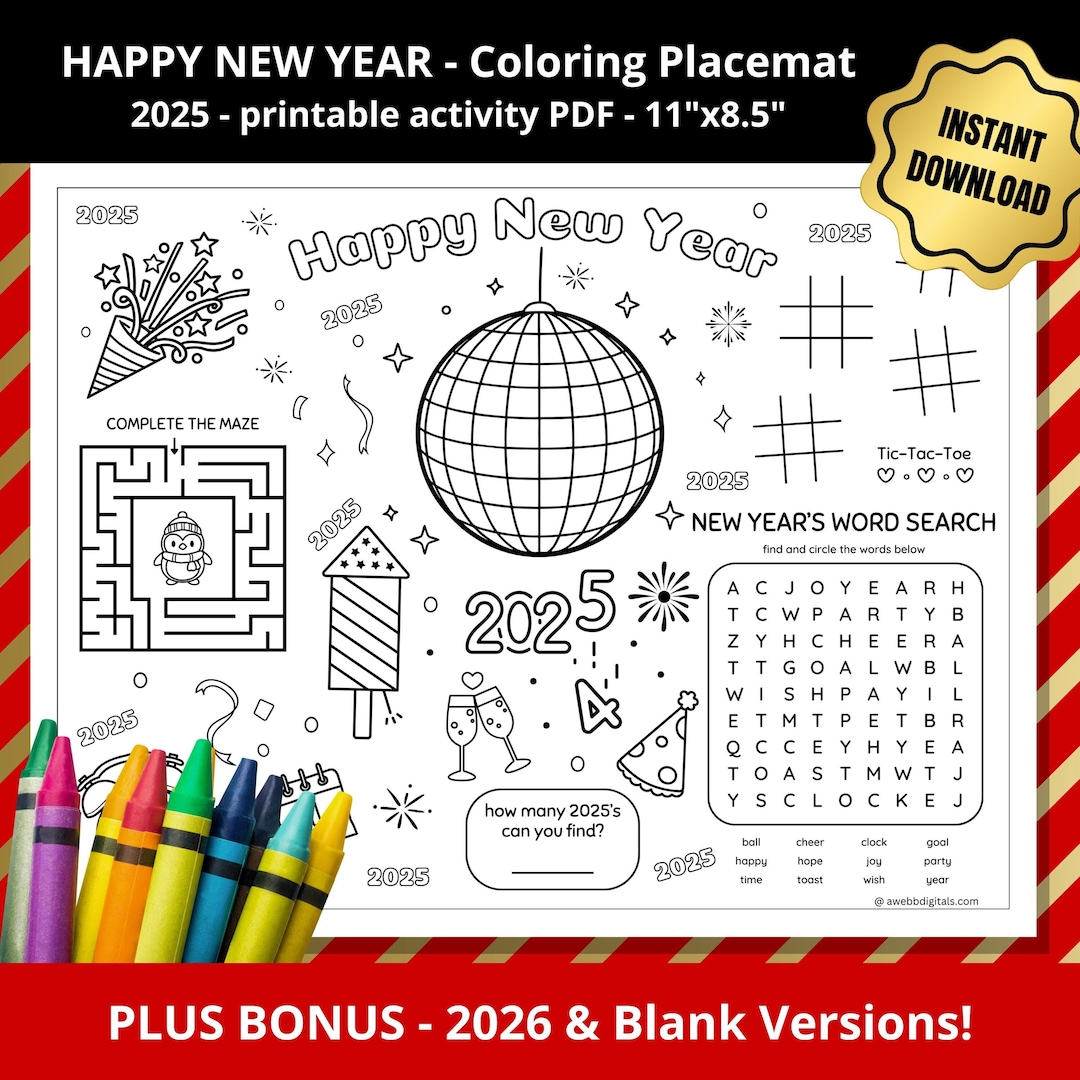 Printable 2025 New Year's Coloring Placemat for Kids Fun Activities ...