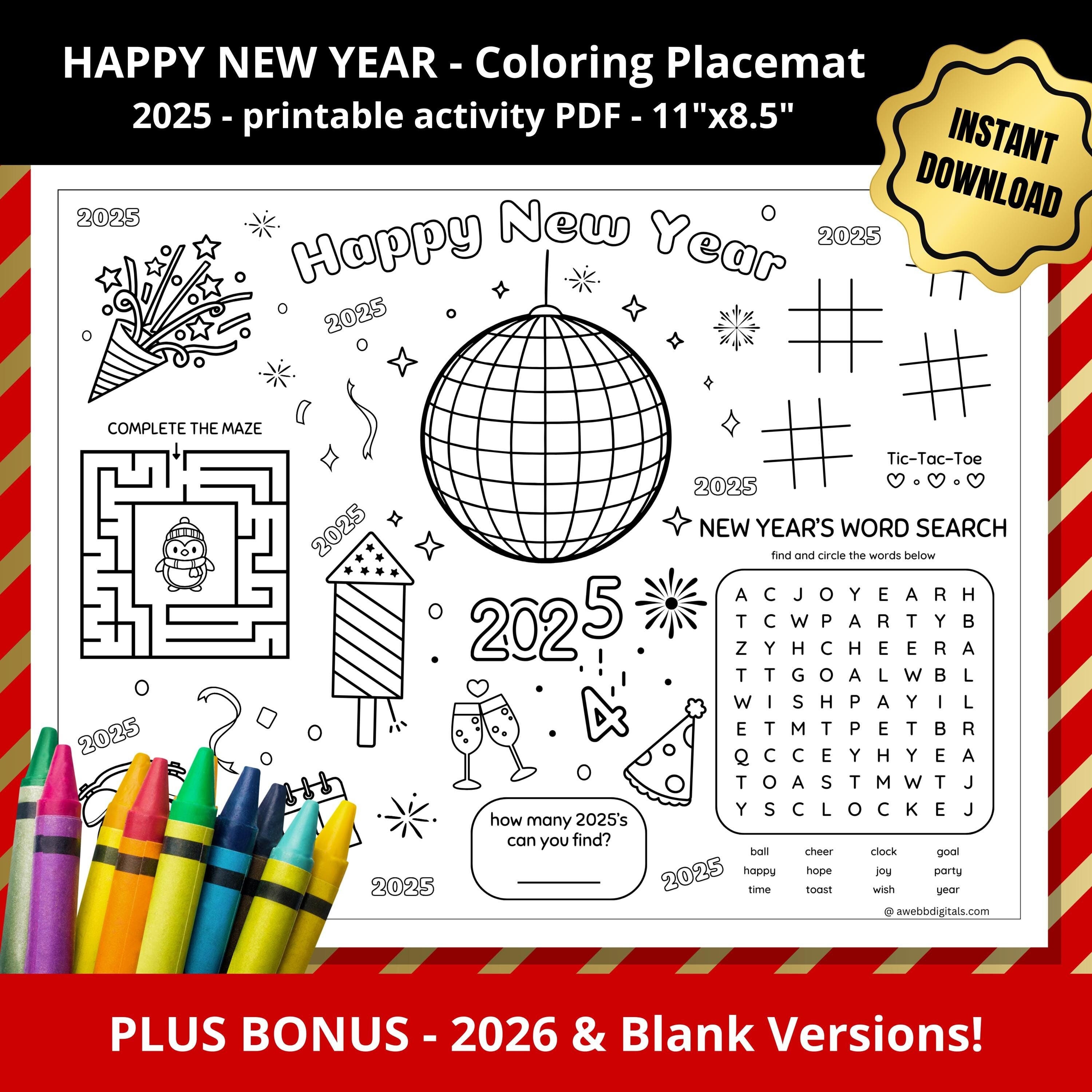 Printable 2025 New Year's Coloring Placemat for Kids Fun Activities ...