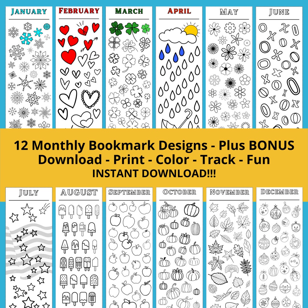 12 Monthly Coloring Tracker Printable Bookmark Designs - Etsy
