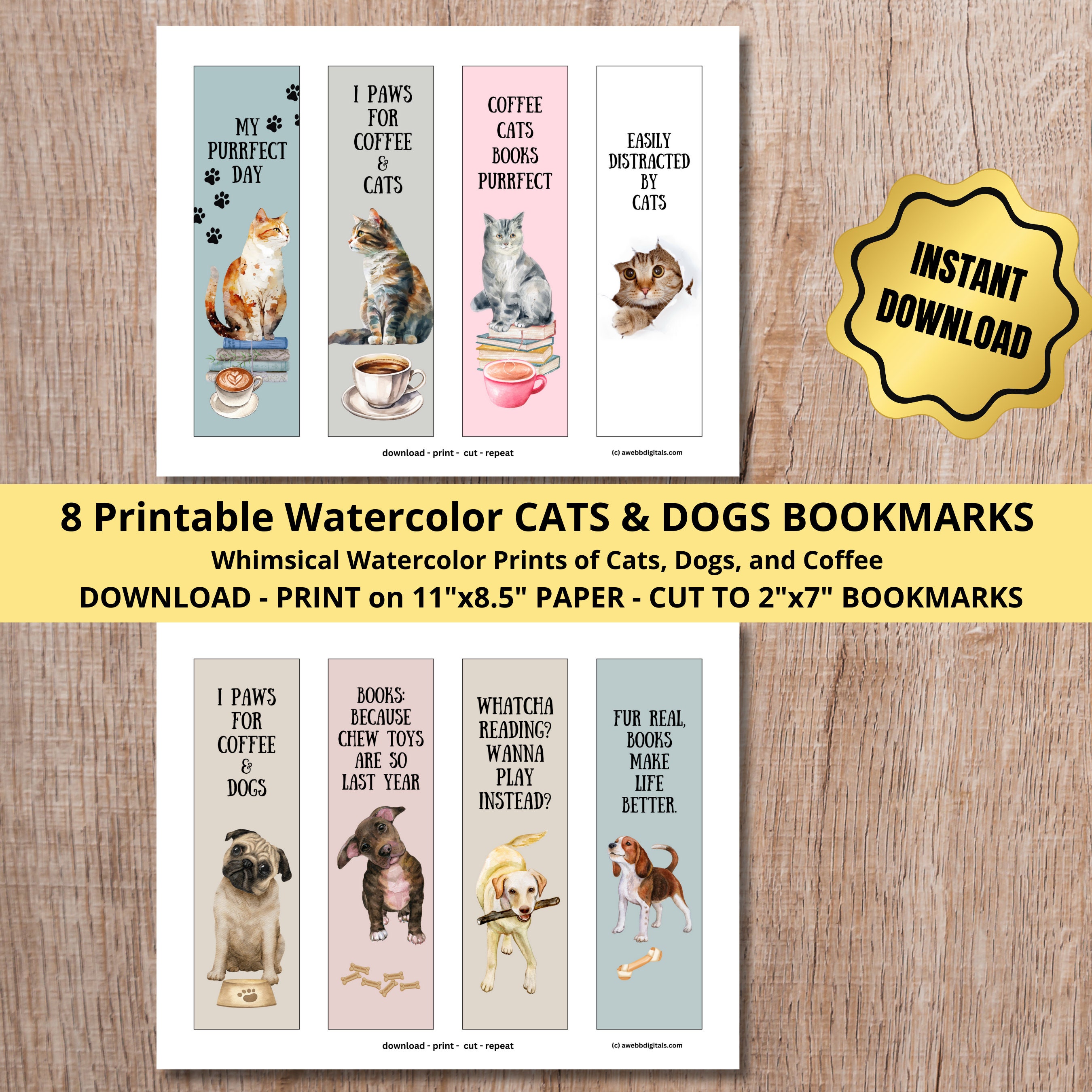 Whimsical Printable Bookmarks Cats Dogs Coffee and Pawsome Puns 11x8.5 ...