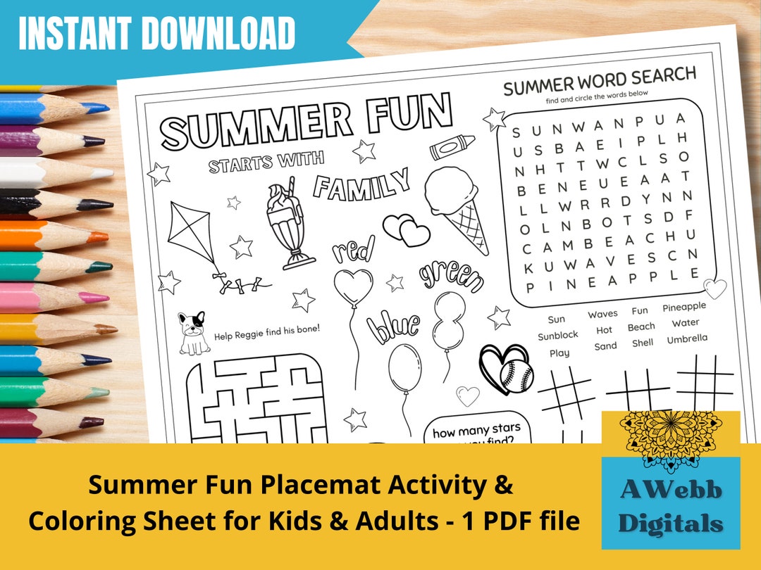 Summer Fun for Kids and Adults Placemat Activity & Coloring Sheet ...