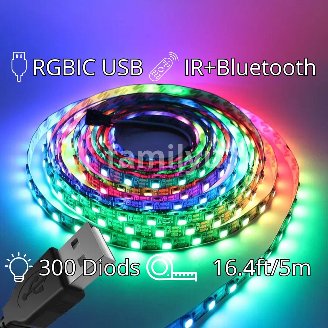 Led Strip Lights 196 Inch (5 Meter), Rgbic, USB, 60 Diodes P/m, Rgbic ...