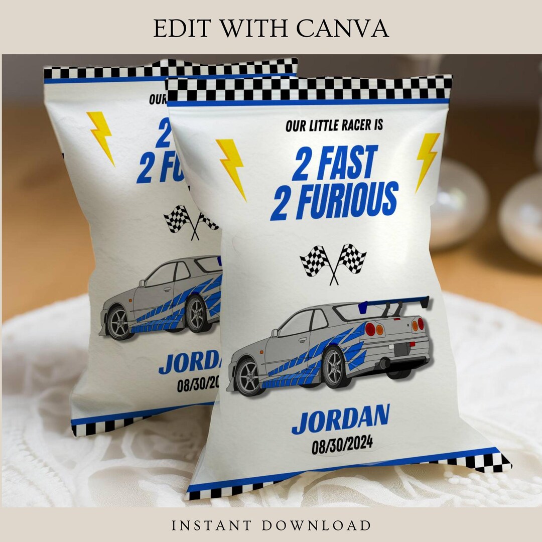 Editable Two Fast Chip Bag, Race Car Chip Bag Template, Two Fast Chip ...