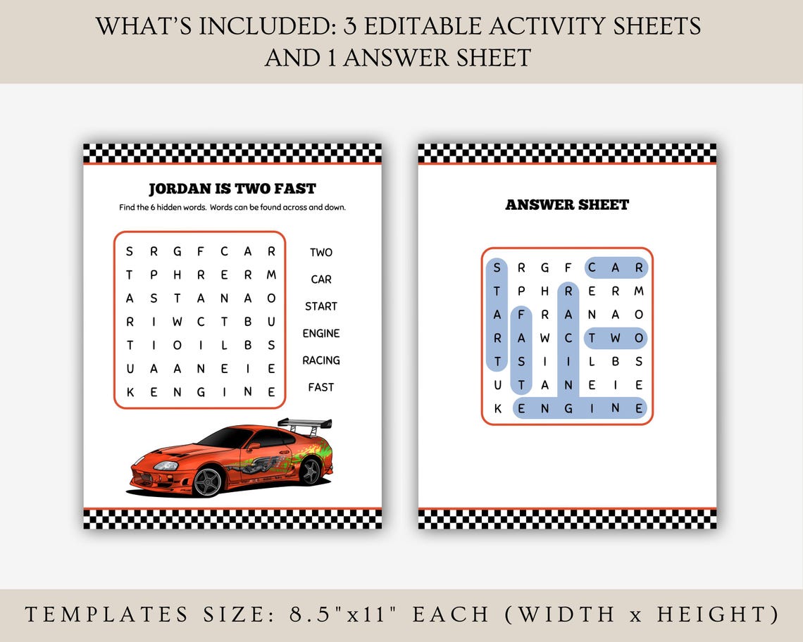 Two Fast Birthday Activity Sheets: Car Racing Games (printable) - Etsy