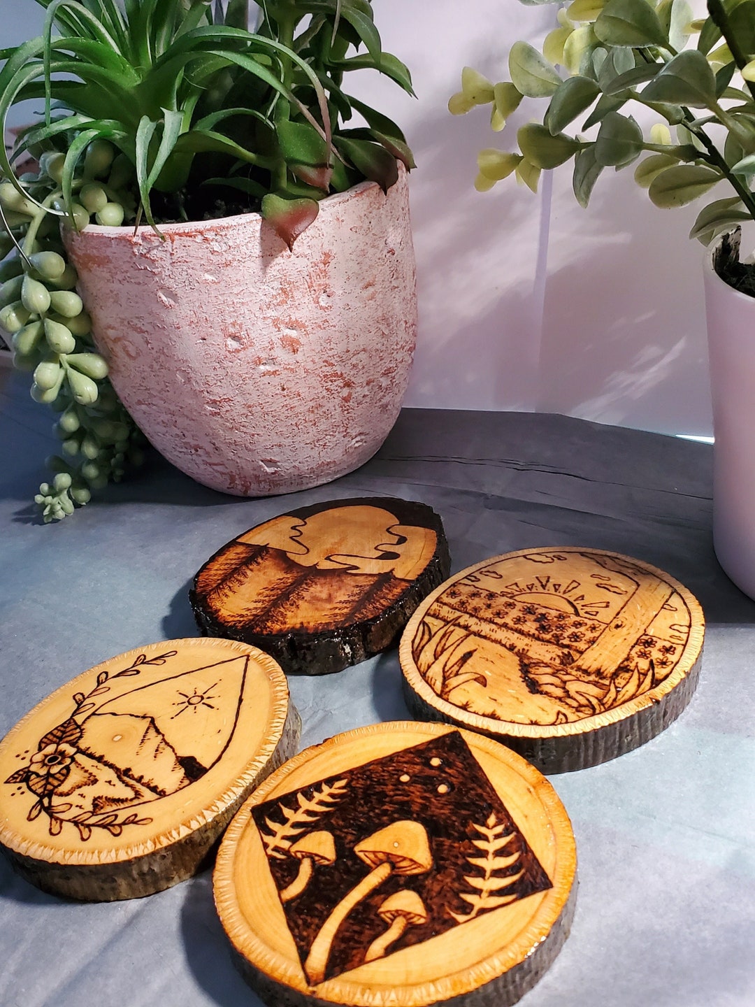 Woodburned Nature Inspired Coaster Set - Etsy
