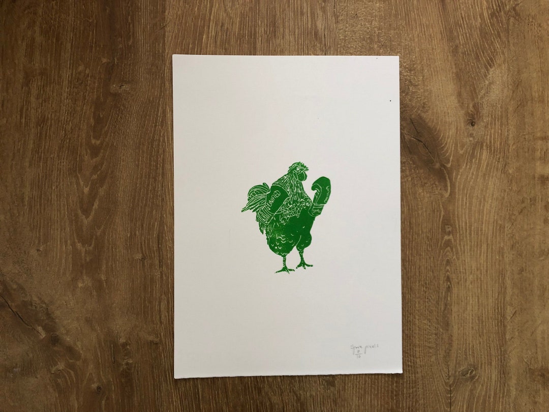 Green Lino Print Rooster in Boxing Gloves, Print Relief Limited Edition ...