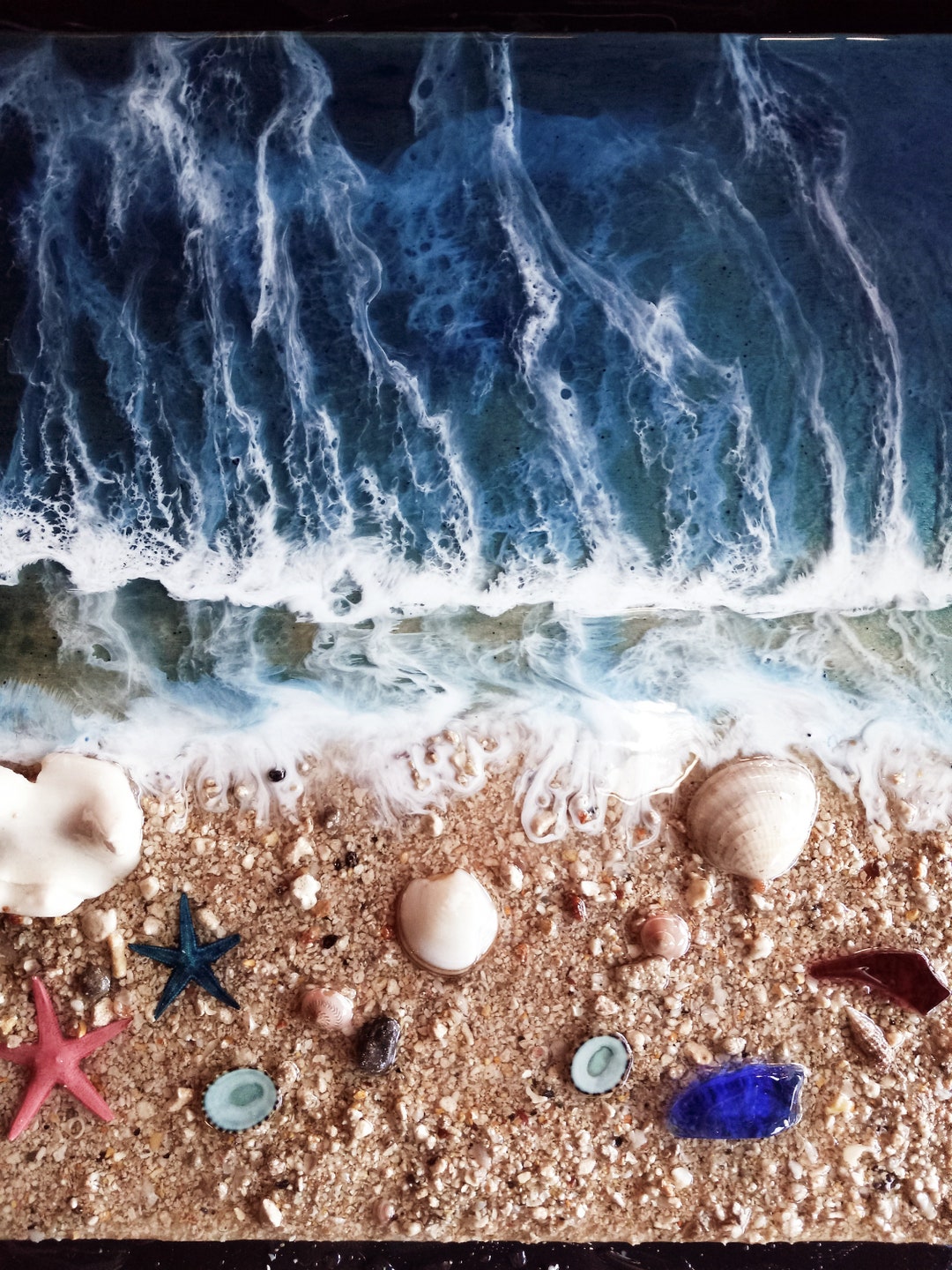 Epoxy Sea Waves. Beach Sand, Shells and Sea Glass. Coastal Art. Resin ...