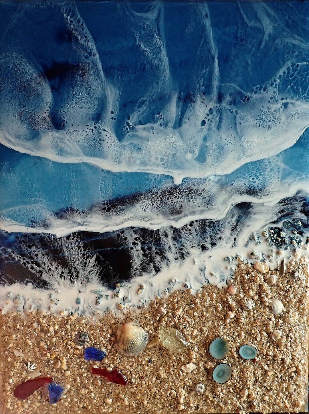 Epoxy Sea Waves. Resin Ocean Painting. Beach Sand, Shells and Sea Glass ...