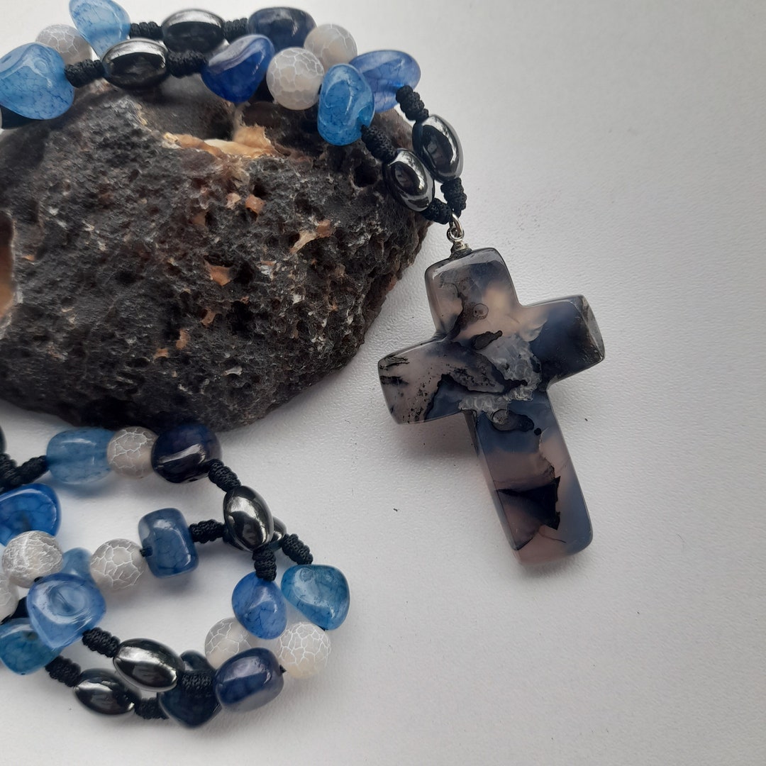 Unique Stone Christian Cross Beaded Necklace, Turkish Agate Cross ...