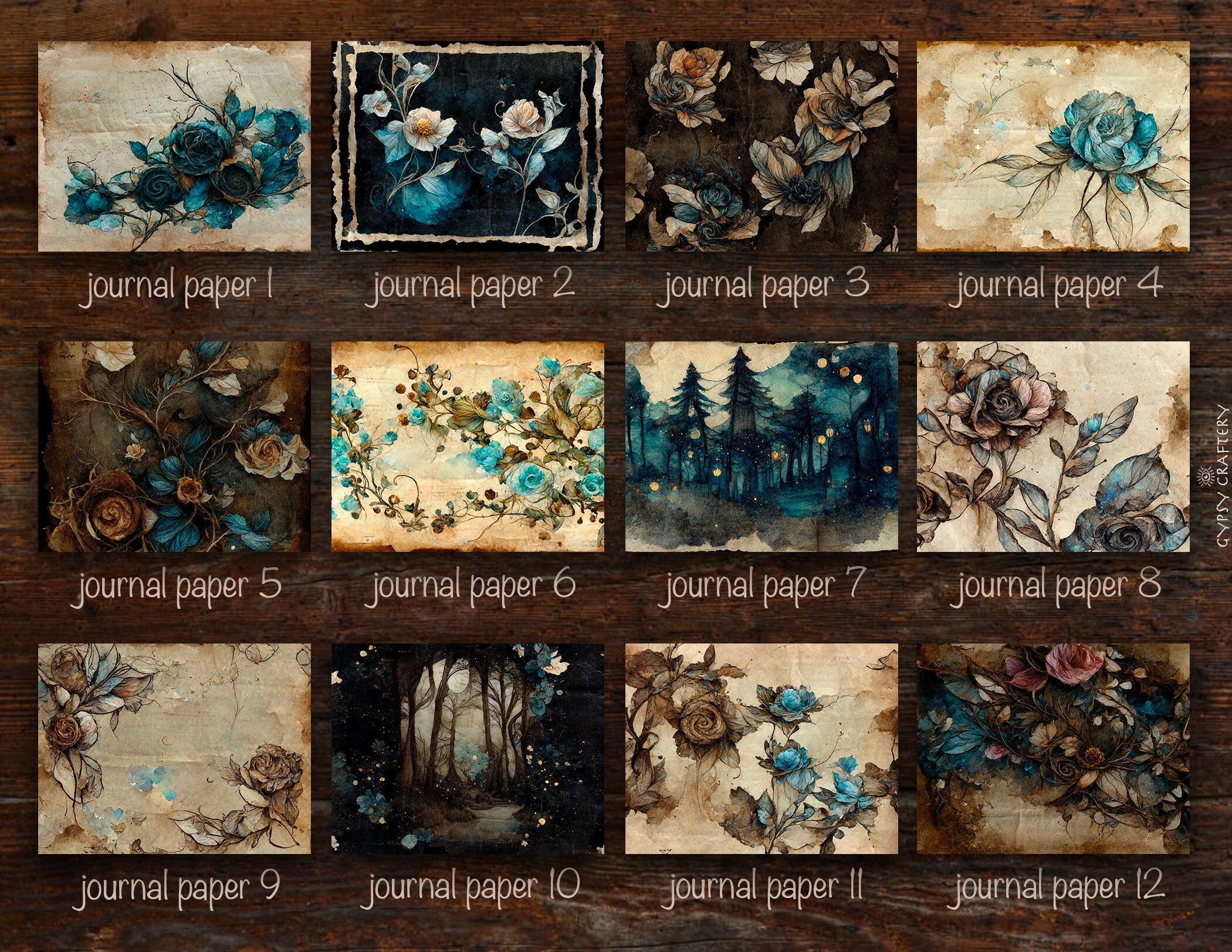 Midnight Tales Printable Junk Journal Pages, Blue Roses (digital Paper ...