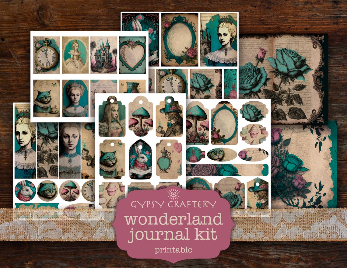 Wonderland Junk Journal Kit, Alice in Wonderland Ephemera, Printable ...