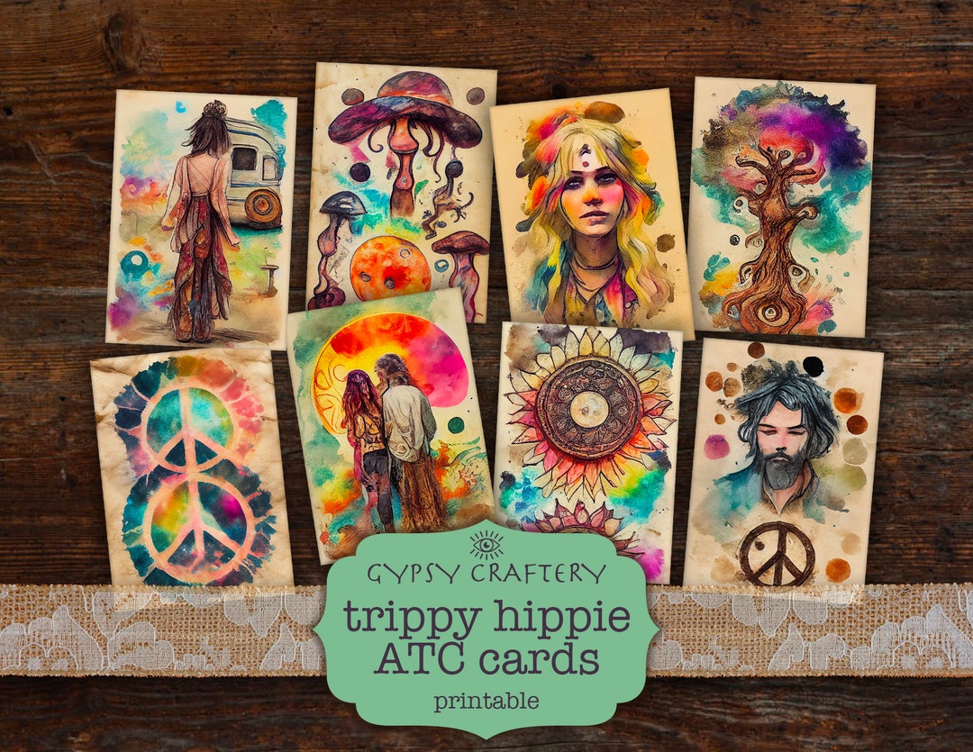 Trippy Hippie ATC Cards, Junk Journal Cards, Printable Journaling Cards ...