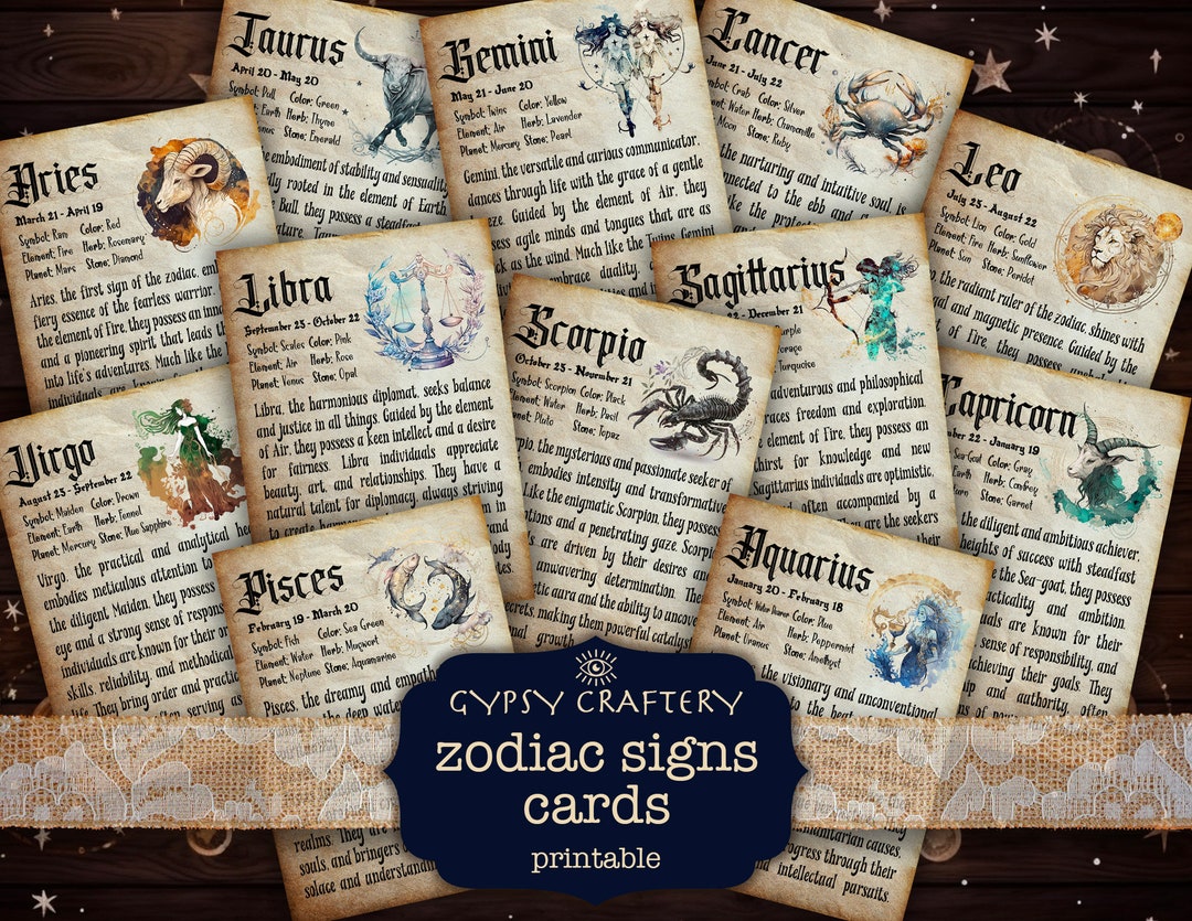 Zodiac Signs Printable Cards, Digital Download, Journal Ephemera ...