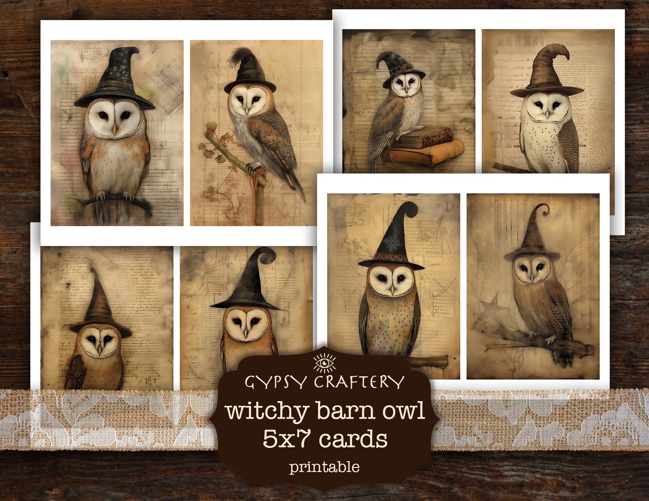 Witchy Barn Owl 5x7 Art Cards, Printable Journal Ephemera (digital ...