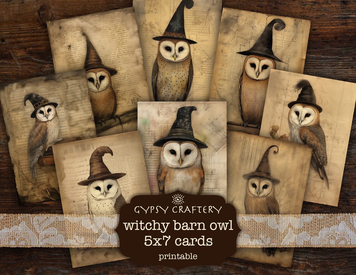 Witchy Barn Owl 5x7 Art Cards, Printable Journal Ephemera (digital ...