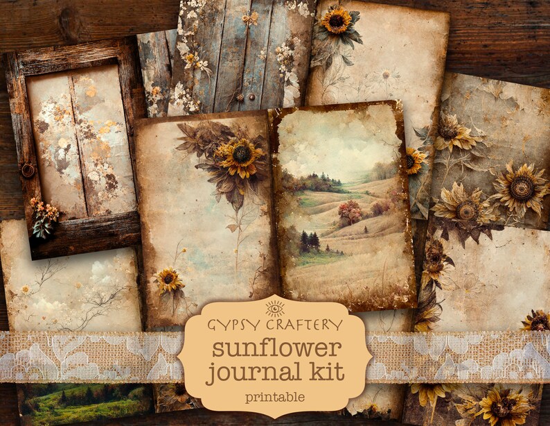 Sunflower Junk Journal Kit, Printable Ephemera, Rustic Collage (digital ...