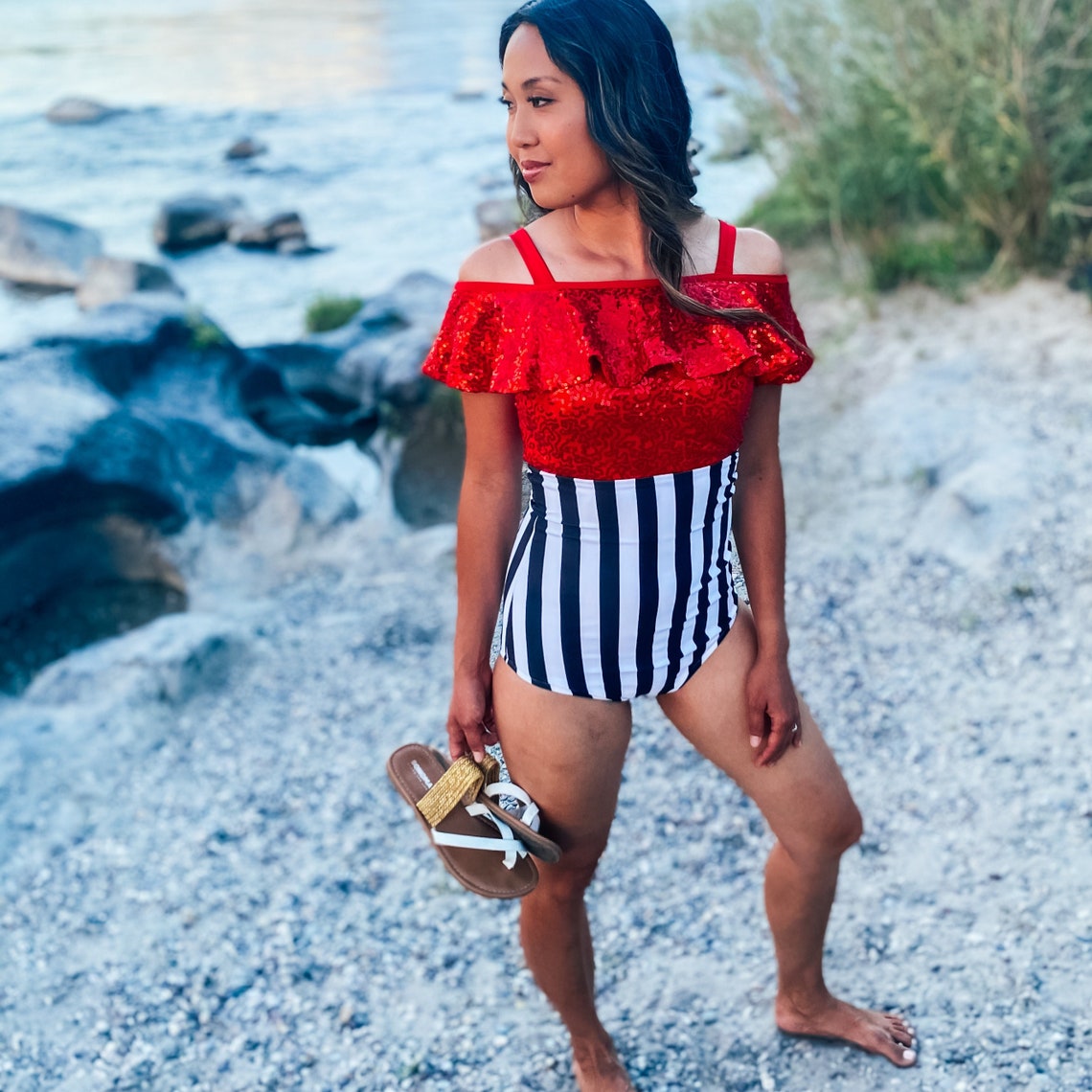 Ruby Red Soft Sequin Black and White Stripe Luxury Swimsuit - Etsy