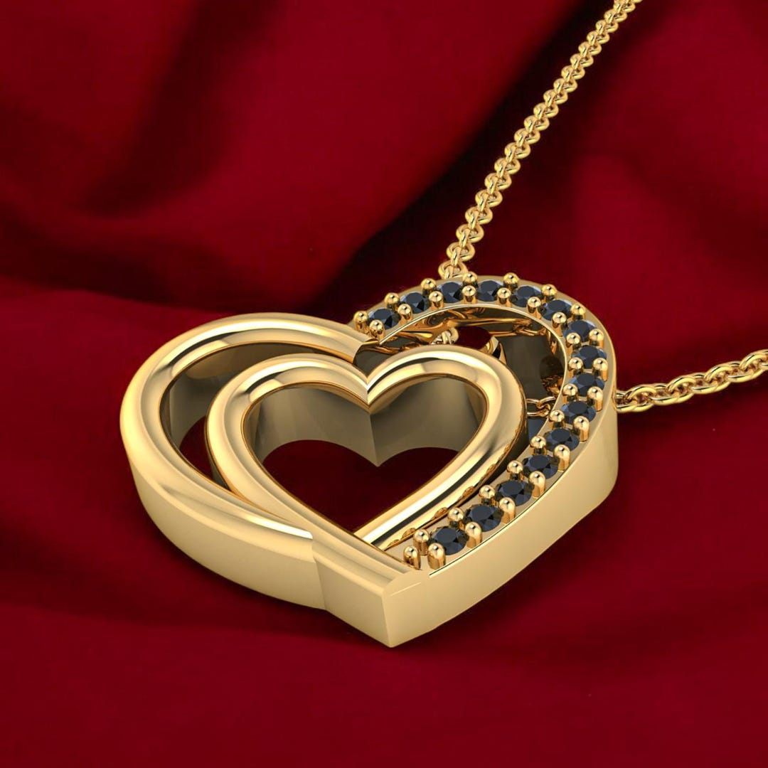 Black Diamond Heart Shaped Necklace, Gold Double Heart Necklace for ...