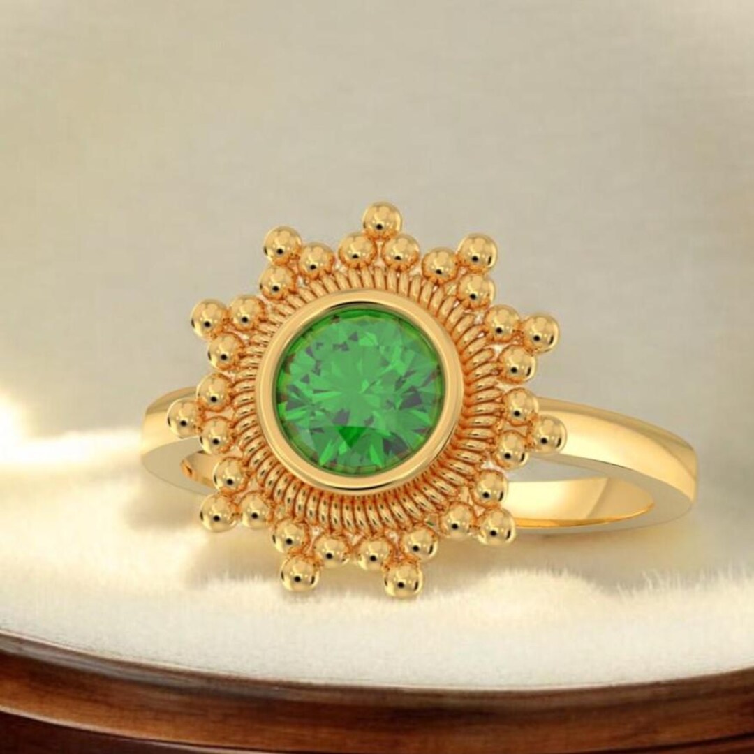Celestial Emerald Sparkling Sun Gold Ring, Emerald Stone Sparkles With ...