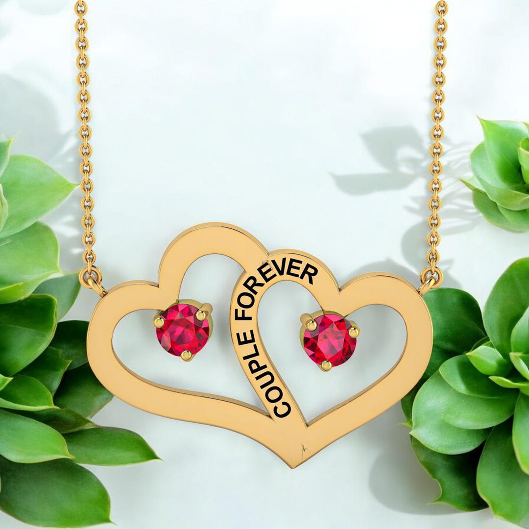Double Heart Ruby Gold Plated Couple Pendant, Two Hearts Necklace ...