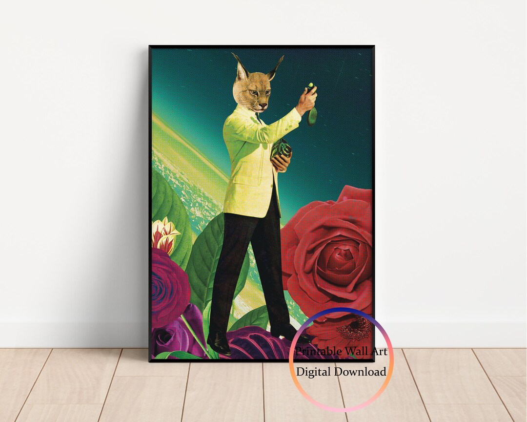 Collage Wall Art Lynx Man in White Suit Surrealism - Etsy