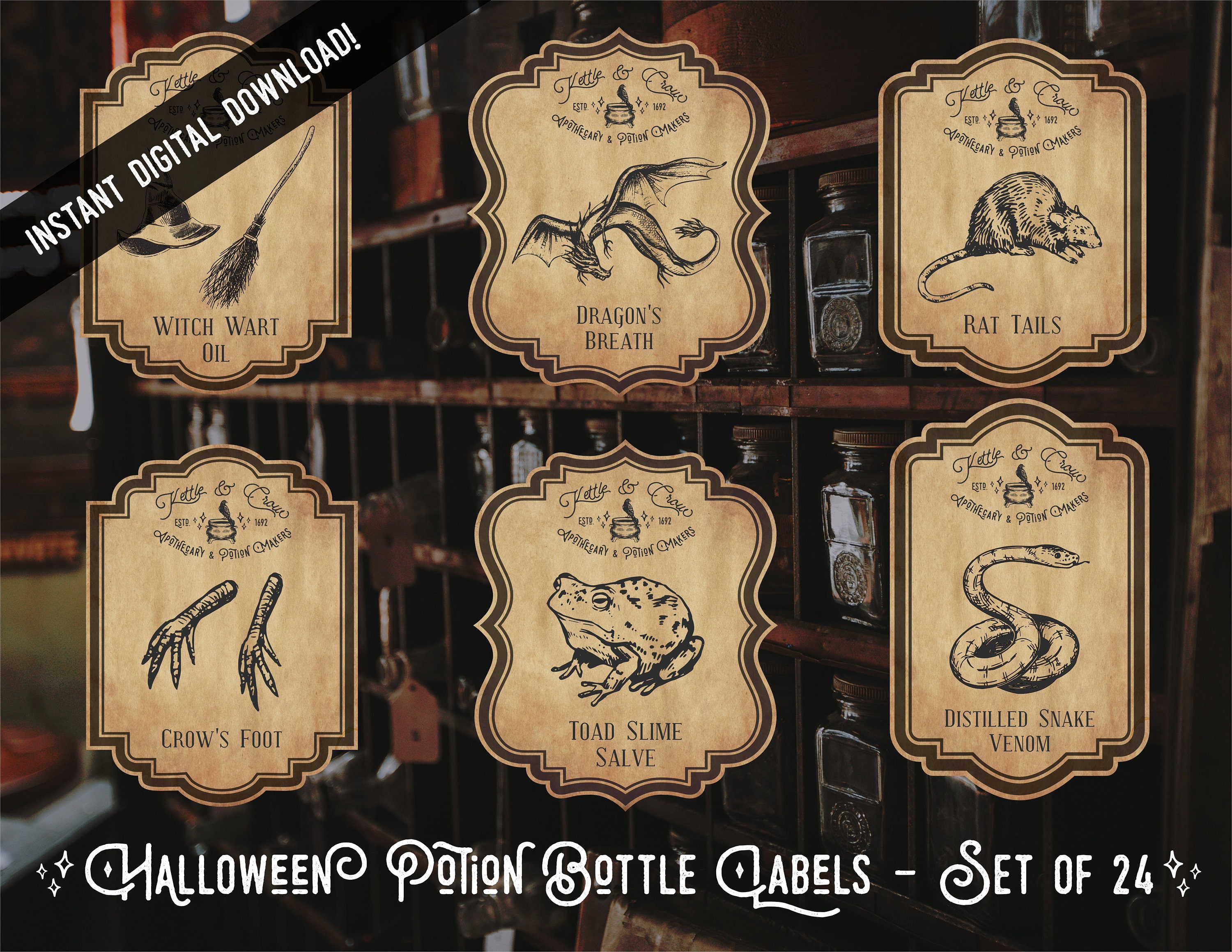 Printable Vintage Apothecary Halloween Potion Bottle Labels | Set of 24 ...