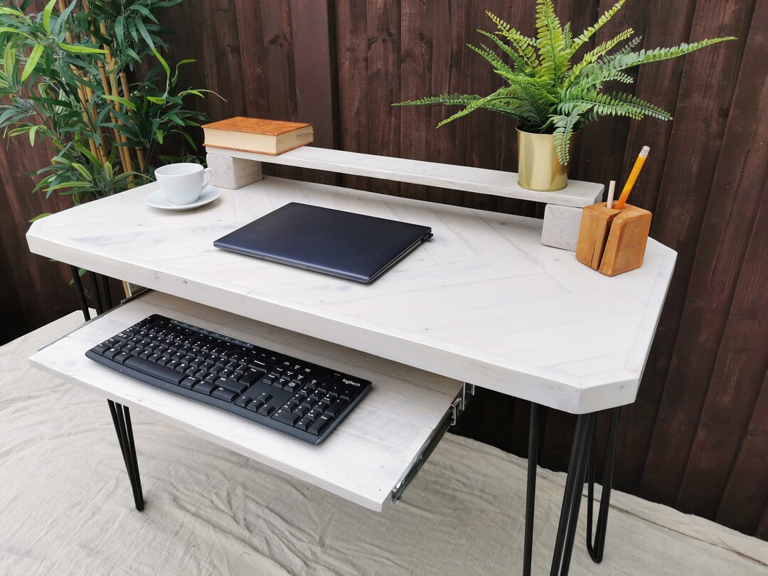 Cleoda Key Desk White Wash Desk With a Herringbone Pattern and a ...