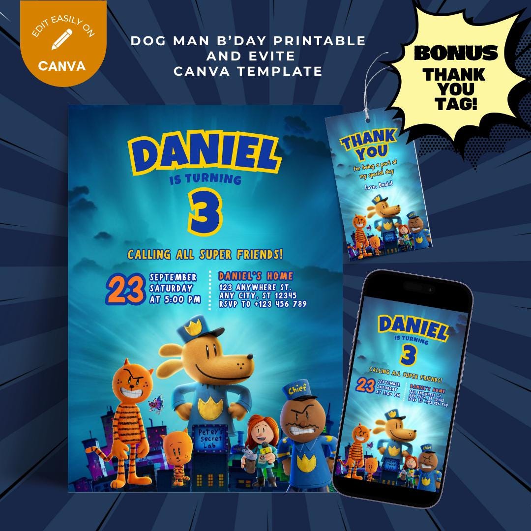 Dogman Movie Birthday Invitation, Fun Editable Kids Invite, Instant ...