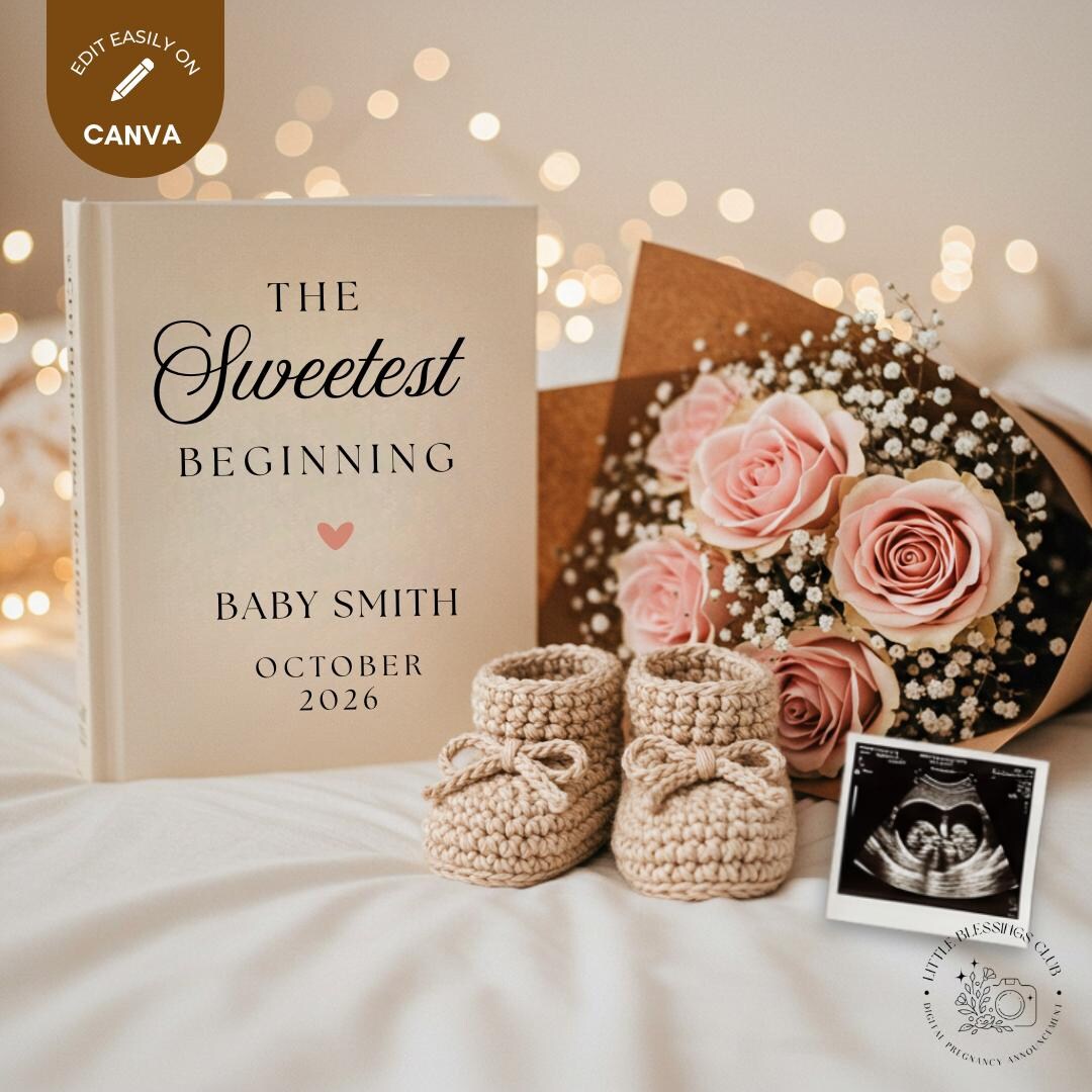 Pregnancy Announcement Book, Boho Neutral Reveal, Editable Social Media ...
