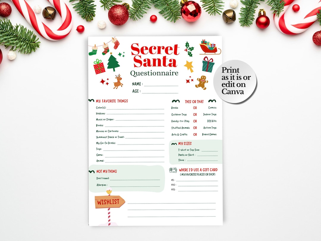 Christmas Gift Exchange Questionnaire, Secret Santa Survey Printable ...
