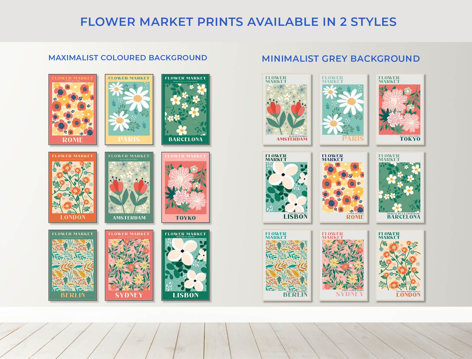 Flower Market Print, Set of 9, Wildflower Print, Retro Flower Print ...