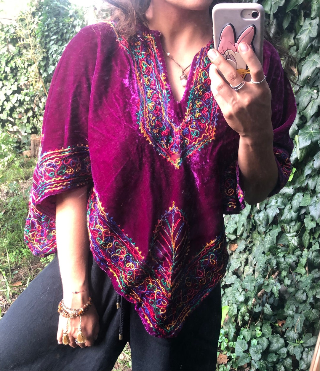 Velvet Poncho Vintage Indie Ornament Embroidery Violet Pink Glitter ...