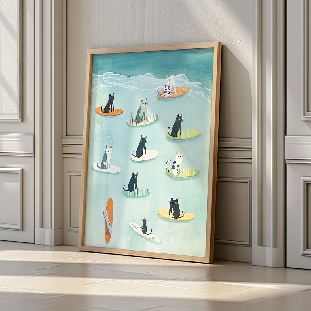 Cats Surfing Print, Surf Wall Art, Cat Lover Gifts, Bedroom Prints ...