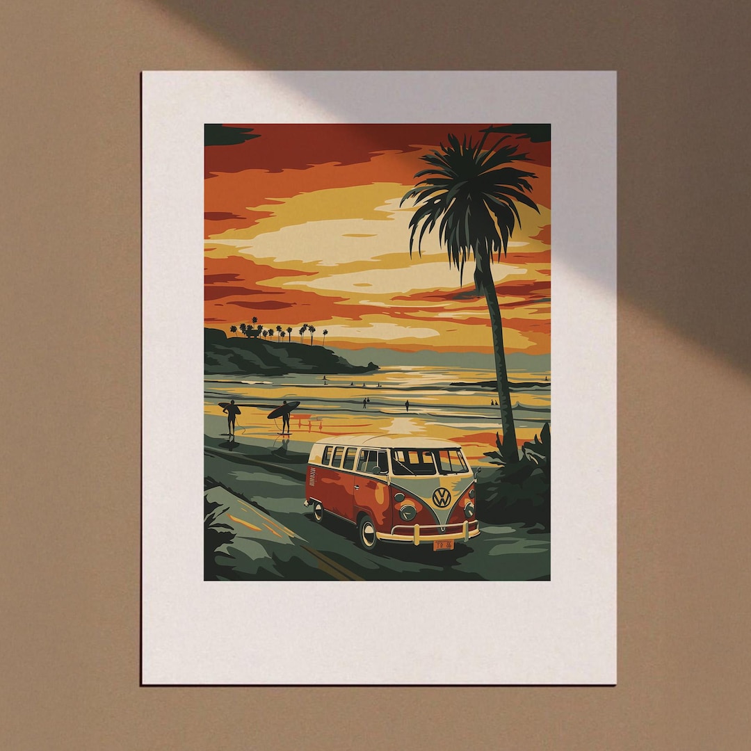 Retro Van Print, Tropical Poster, VW Bus Wall Art Decor, Orange Sunset ...