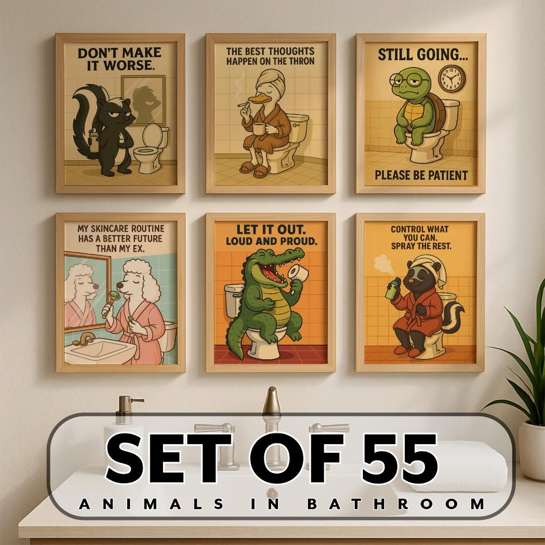 Funny Bathroom Set Wall Art, Bundle of 55, Cartoon Animal on Toilet ...