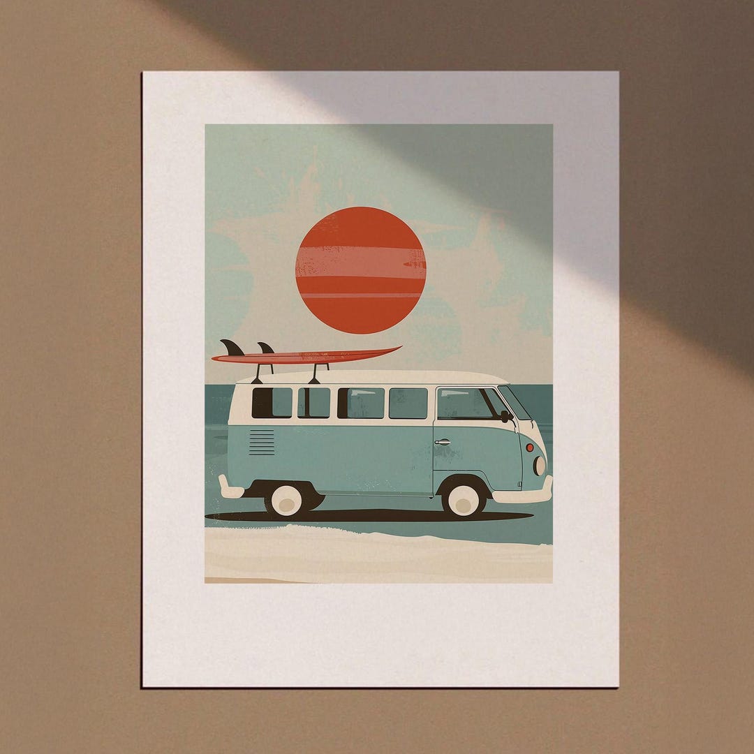 Camper Van Decor, VW Van Poster, Beach Print, Retro Van Print, Beach ...