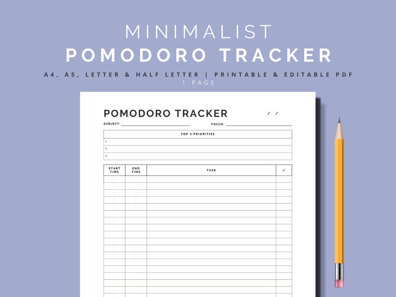 Minimalist Pomodoro Tracker | Printable + PDF Fillable | Time ...