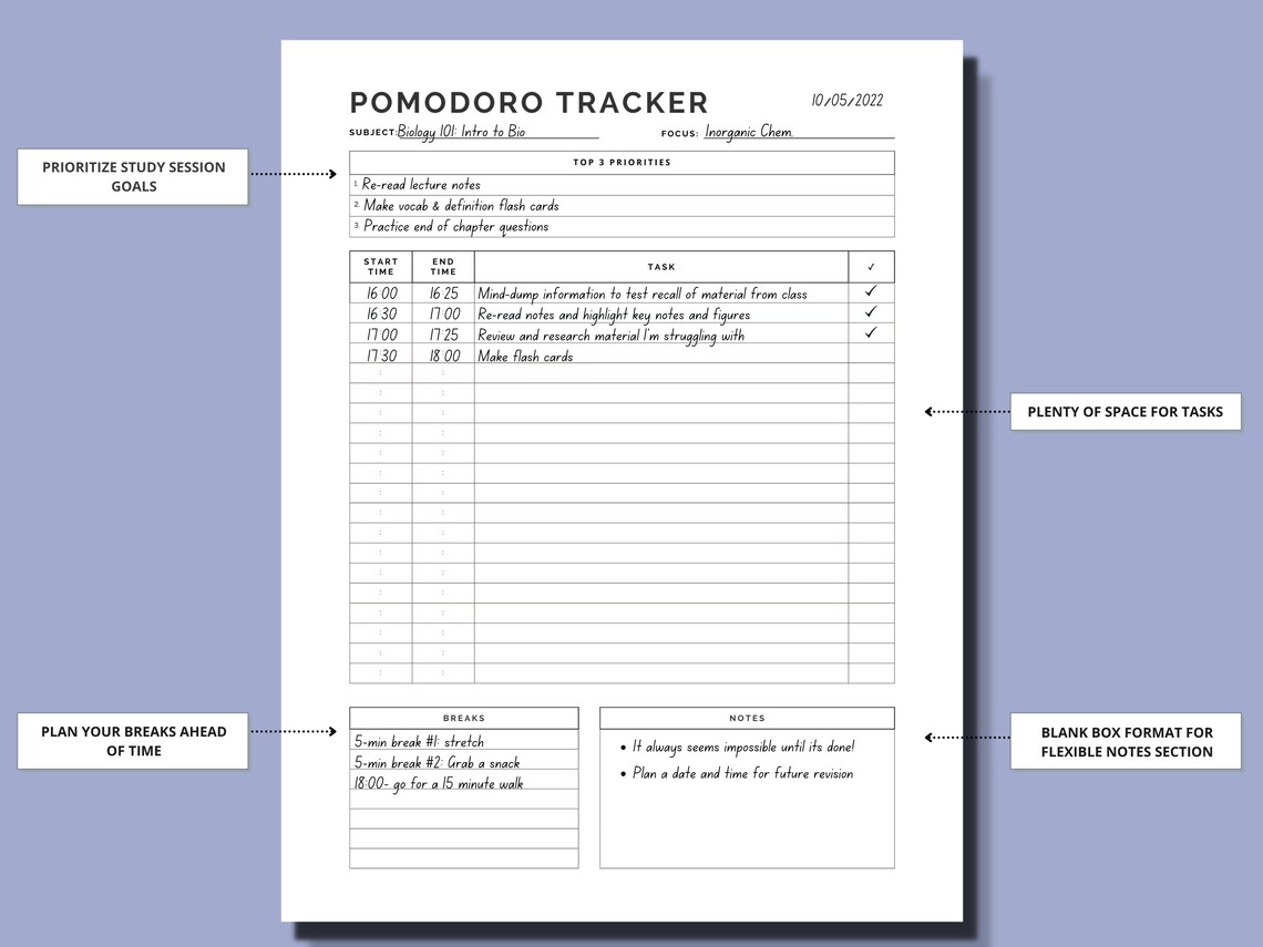 Minimalist Pomodoro Tracker | Printable + PDF Fillable | Time ...