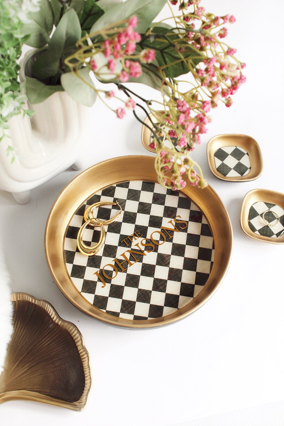 Black and Cream Checkered 7 Ceramic and Resin Decorative Bowl With Gold ...