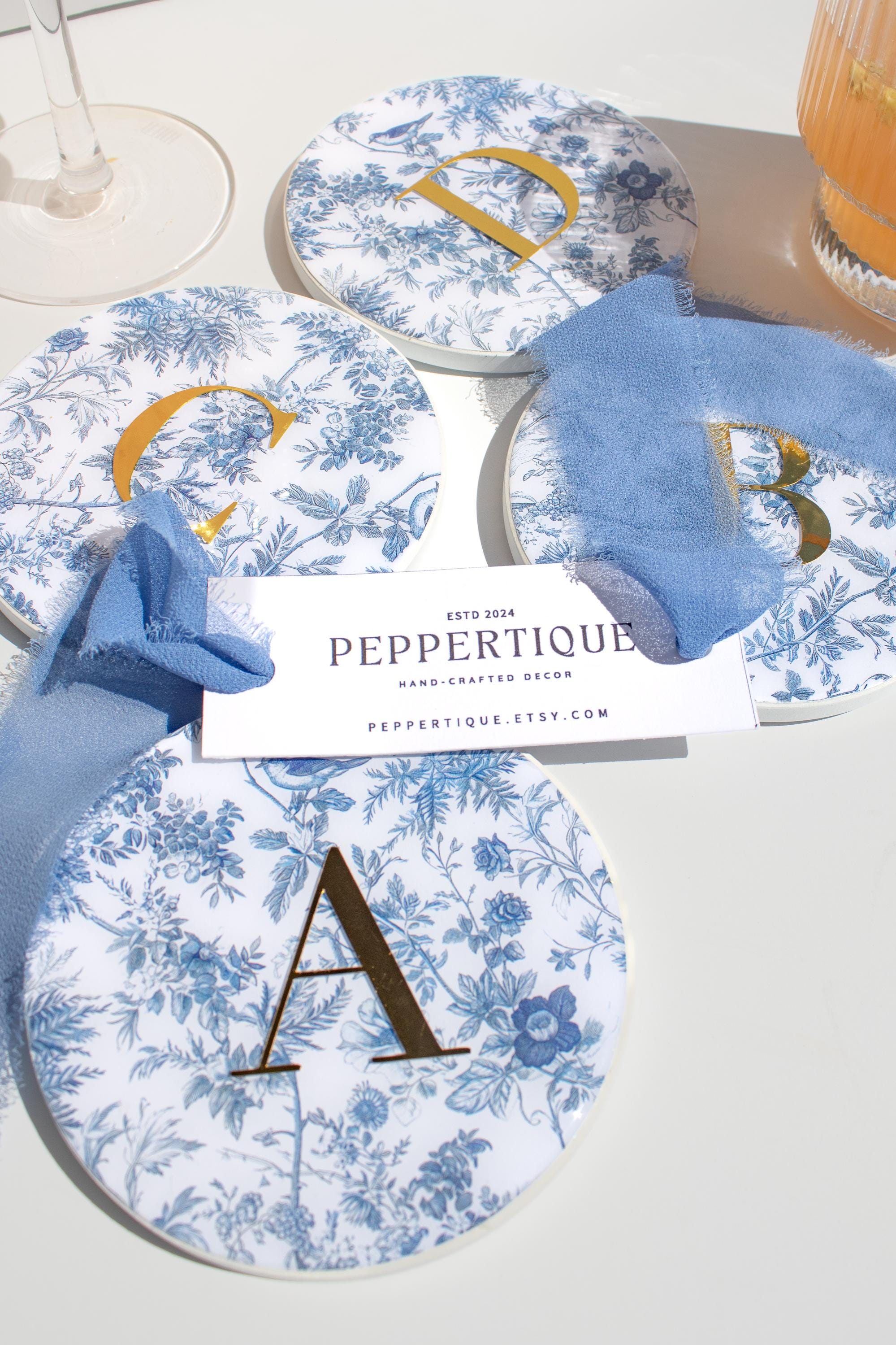 Personalized Blue Floral Coaster, Blue and White Toile, Custom Gold ...