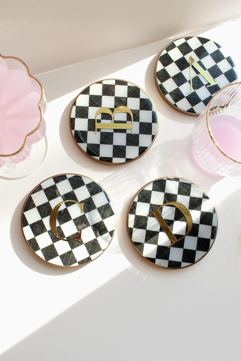 Custom Black and White Checkered Monogram 4” Round Ceramic Coasters ...