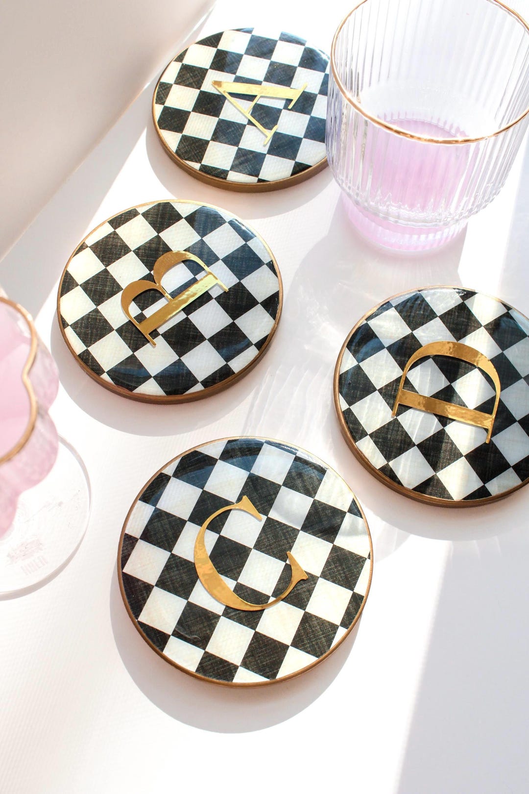 Custom Black and White Checkered Monogram 4” Round Ceramic Coasters ...