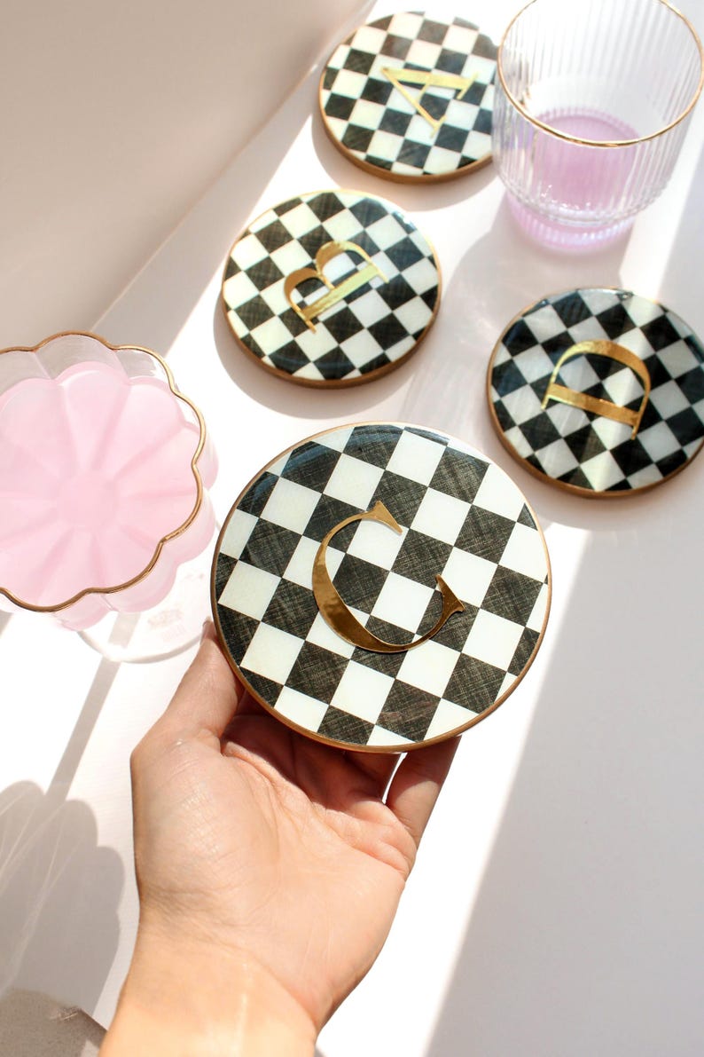 Custom Black and White Checkered Monogram 4” Round Ceramic Coasters ...