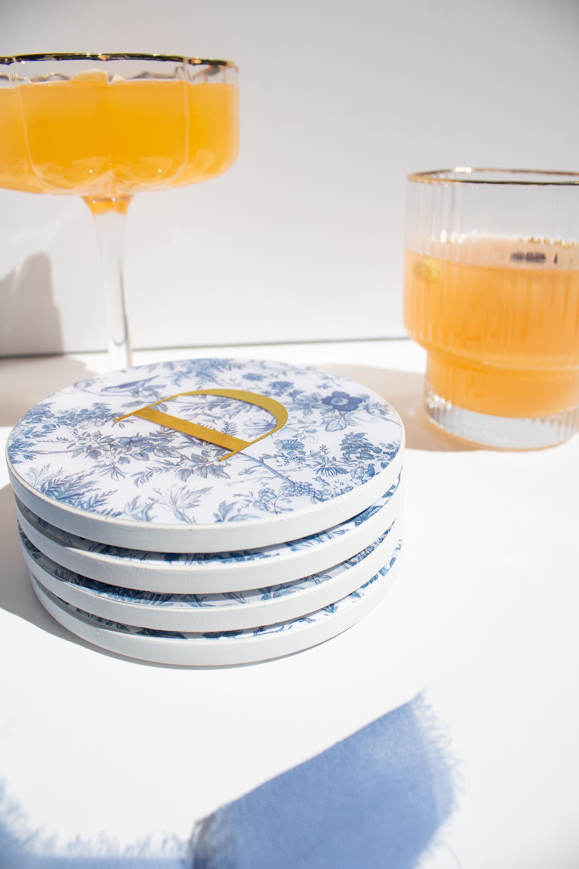 Personalized Blue Floral Coaster, Blue and White Toile, Custom Gold ...