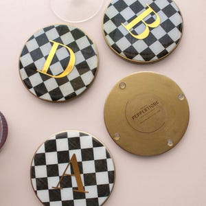 Custom Black and White Checkered Monogram 4” Round Ceramic Coasters ...